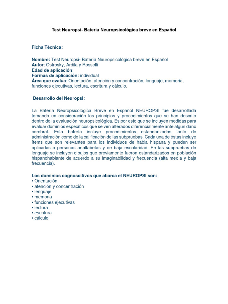 Test Neuropsi - Batería Neuropsicológica Breve en Español | PDF