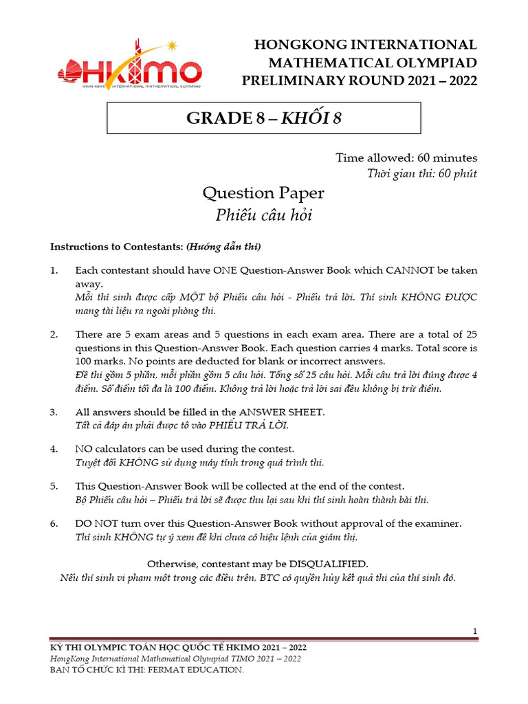 HKIMO Mathematics Grade 8 2021-2022 | PDF