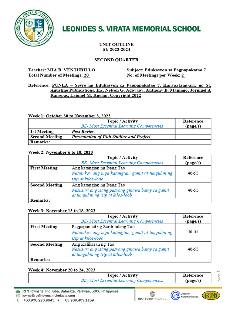 EsP7 2nd Quarter Unit Outline 2023-2024 | PDF