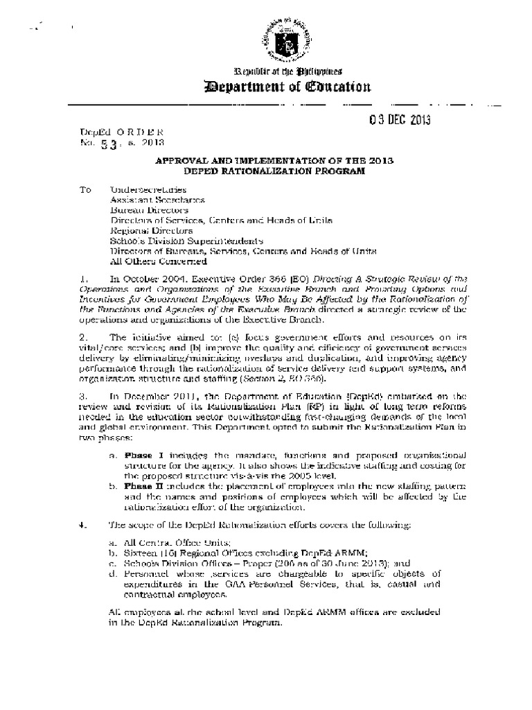 DepEd Rationalization Program DO - s2013 - 53 | PDF