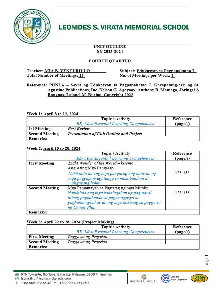 EsP7 4th Quarter Unit Outline 2023-2024 | PDF