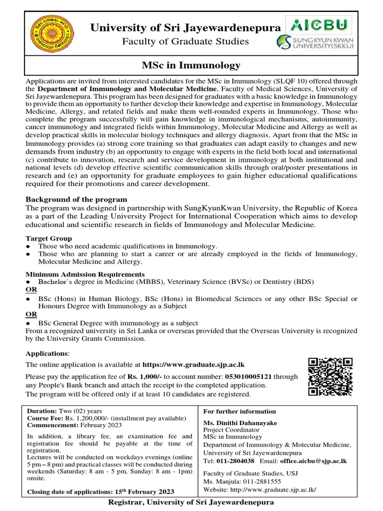 Advertisement For MSC in Immunology With SSKU AICBU 2023 | PDF | Bachelor Of Science | Medicine