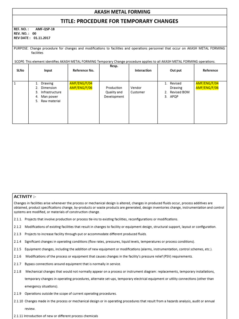 Temporary Change Procedure at AMF | PDF | Metals | Materials