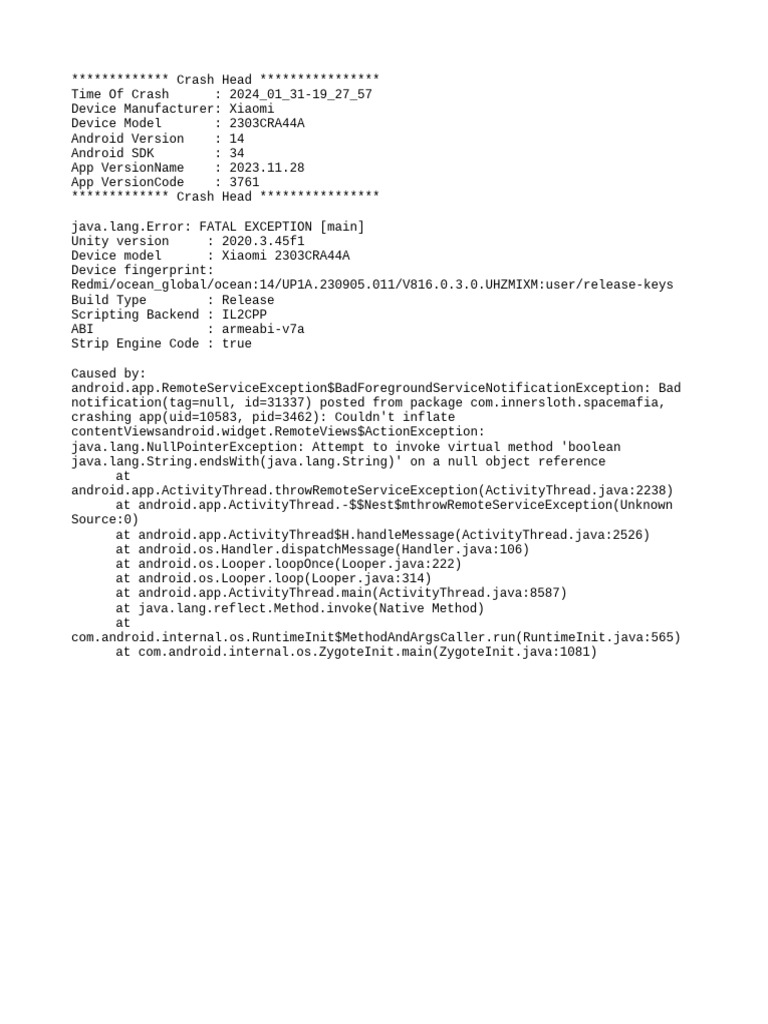 Xiaomi Crash Report: Unity App Error | PDF