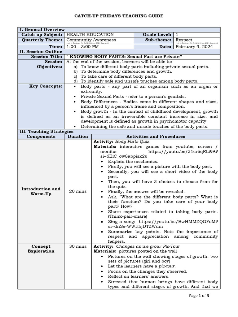 Teaching Guide Health Education Grade 1 | PDF | Learning | Behavioural ...