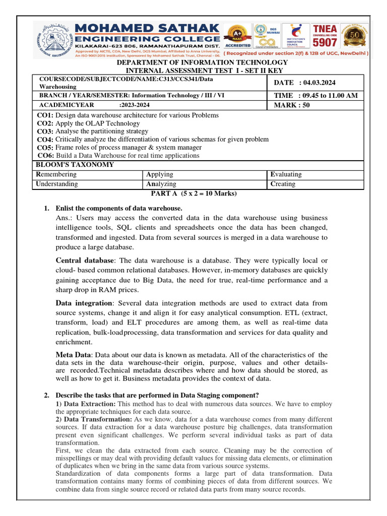 Ccs341-Dw-Int I Key-Set Ii - Ar | PDF | Data Warehouse | Databases