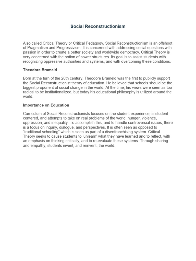 Social Reconstructionism in Education | PDF