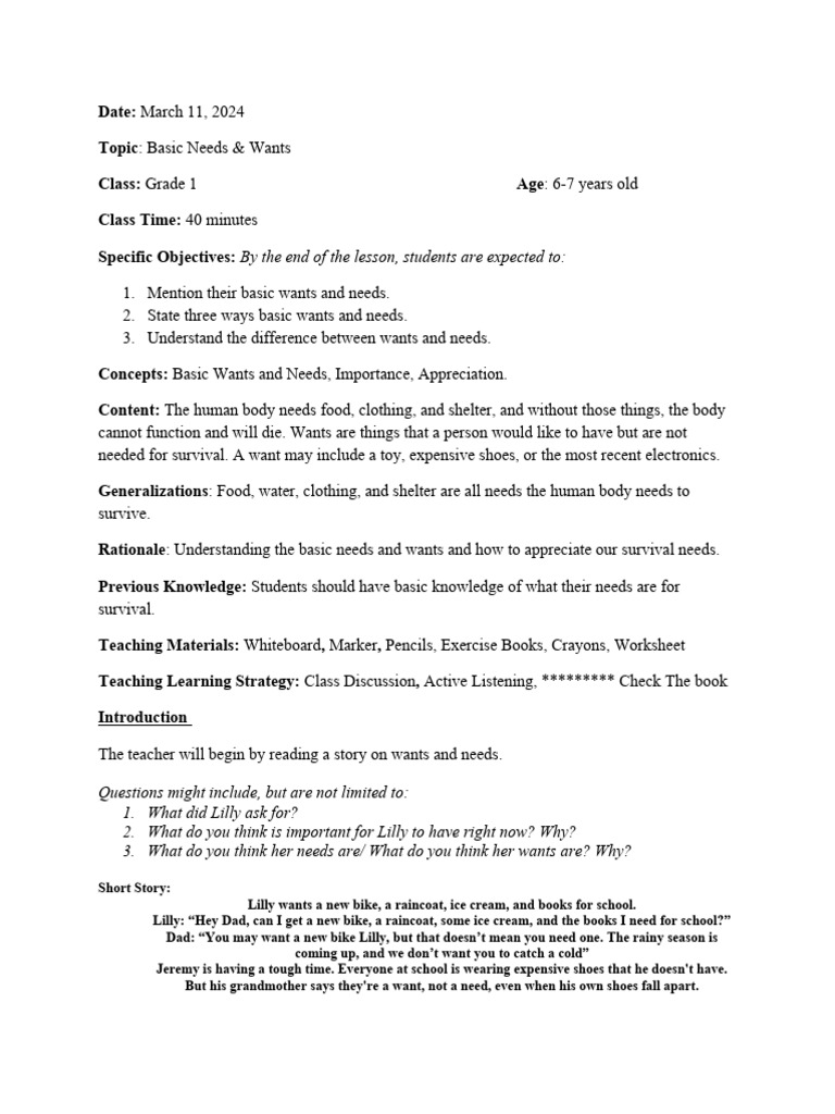 Social Studies Basic Needs & Wants | Download Free PDF | Learning ...