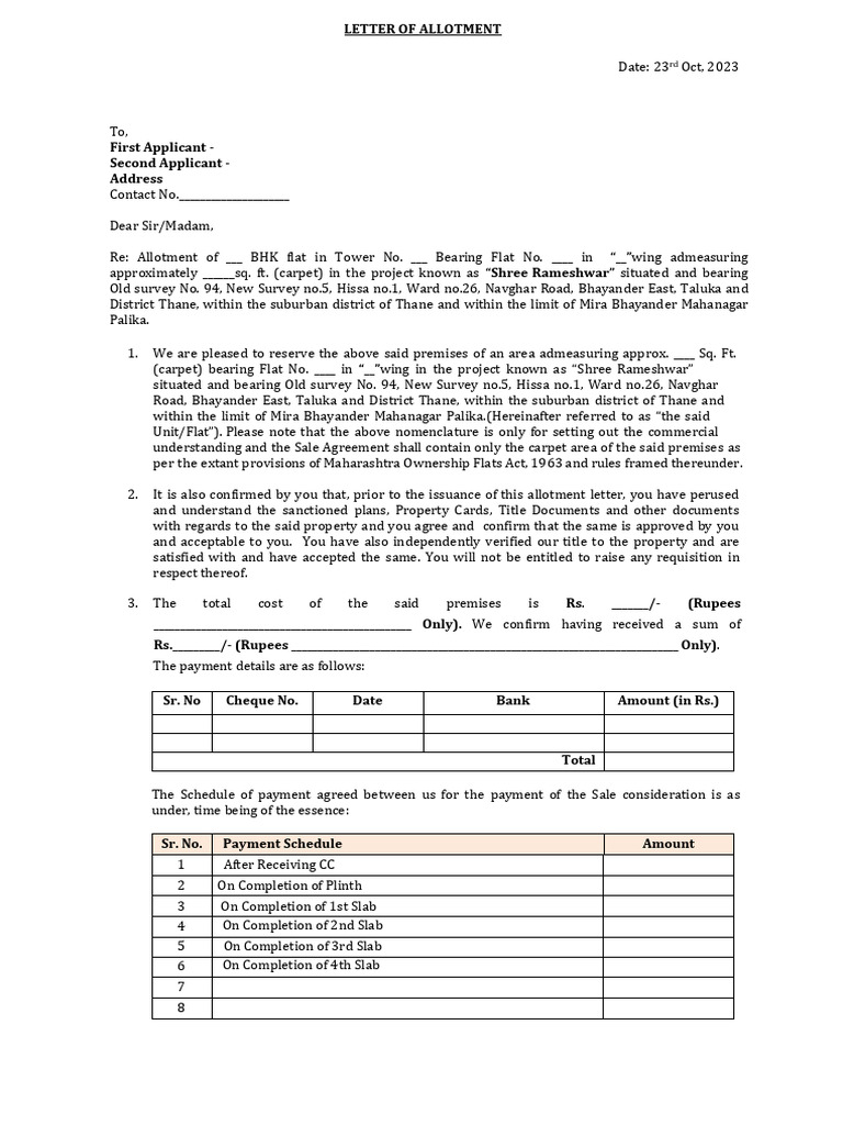 1 Proforma of Allotment Letter Rmaeshwar | PDF | Taxes | Economies