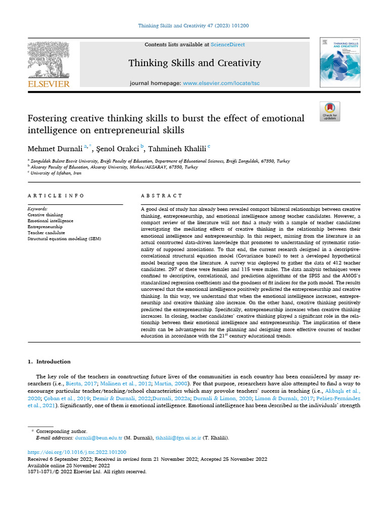 Emotional Intelligence On Entrepreneurial Skills Pdf Creativity