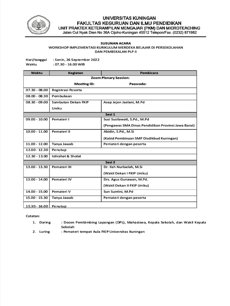 PDF Susunan Acara Workshop Implementasi Kurikulum Merdeka Belajar Di Persekolahan - Compress | PDF