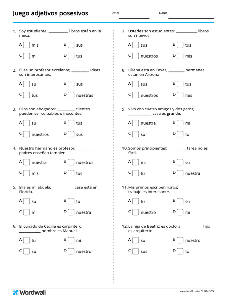 Juego Adjetivos Posesivos Quiz - In Spanish | PDF | Ajedrez
