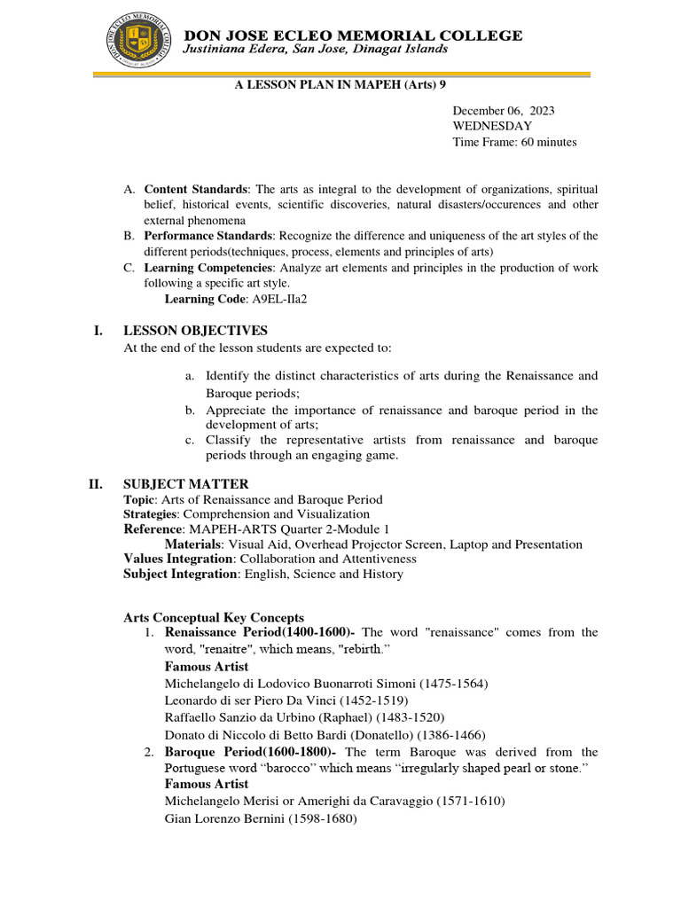 5as Lesson Plan Mapeh | PDF | Renaissance | Baroque