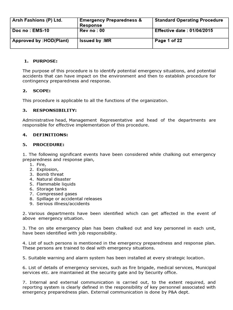 Emergency Preparedness SOP - EMS-10 | PDF
