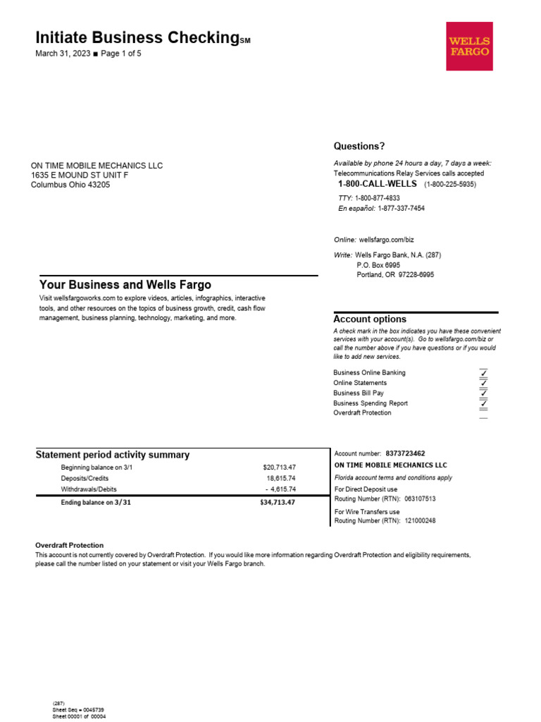 Wells Fargo Business Checking Statement | PDF | Debit Card | Credit Card