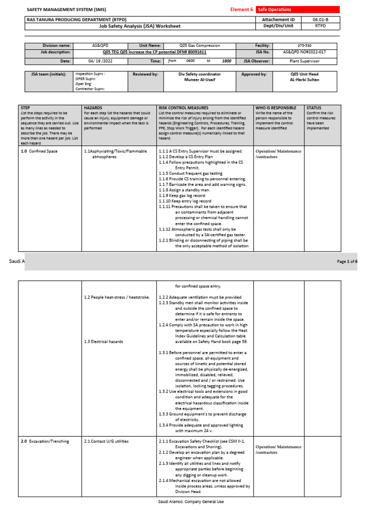JSA Q05 TEG Q05 Increase The CP Potential DFN# 80091611 | PDF | Working Conditions | Safety