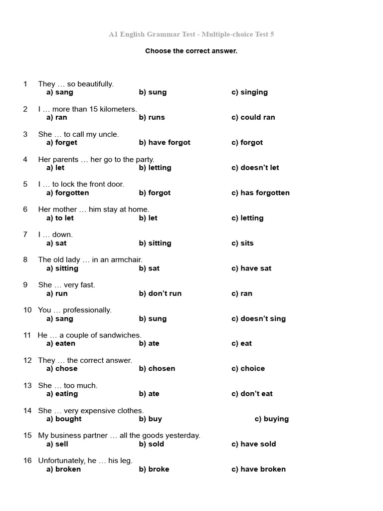 A1 English Grammar Test 5 | PDF
