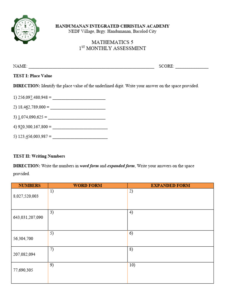 1ST MONTHLY - MATH 5 (6 Copies) | PDF