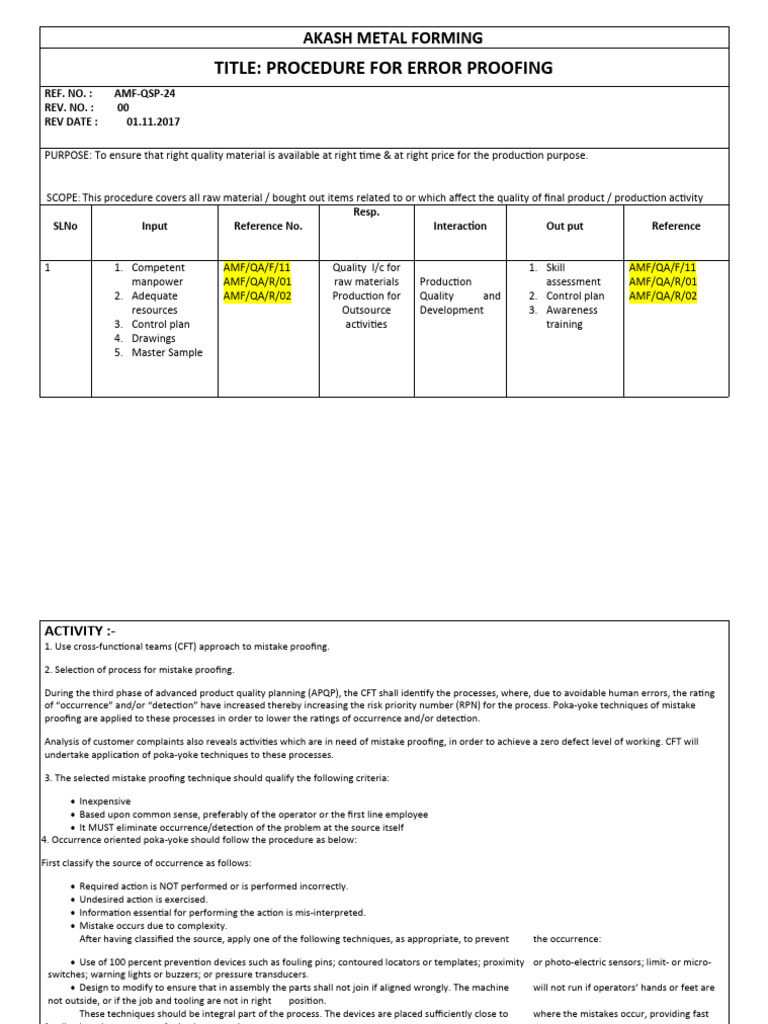 Amf-P-22 Procedure For Error Proofing | PDF