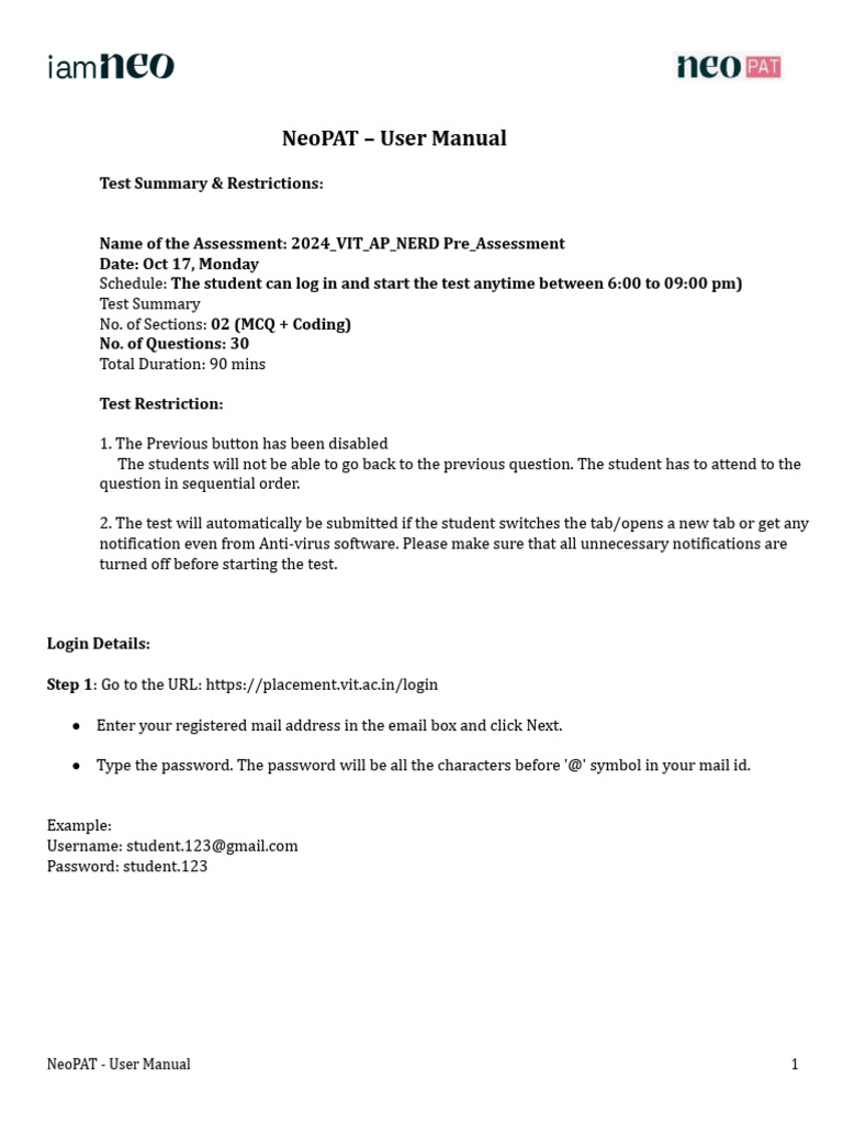 NeoPAT Student User Manual | PDF | User (Computing) | Login