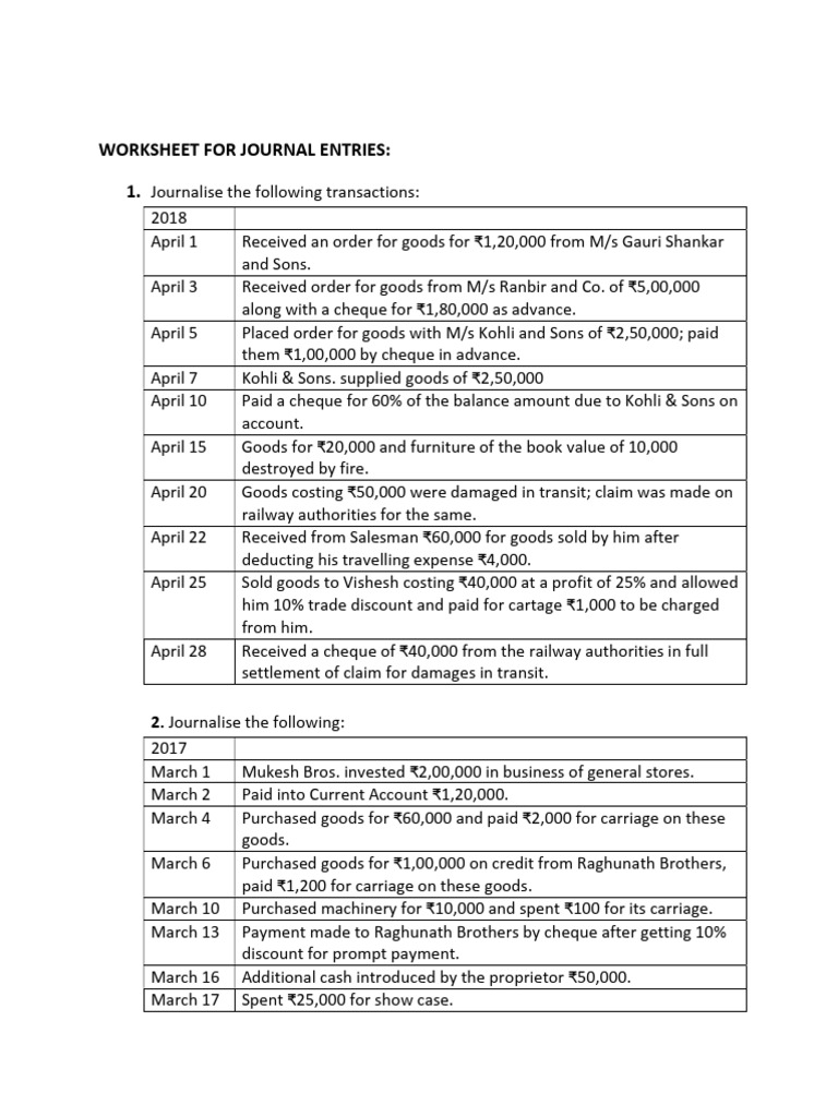 Journal Entries Worksheet | Download Free PDF | Cheque | Banks