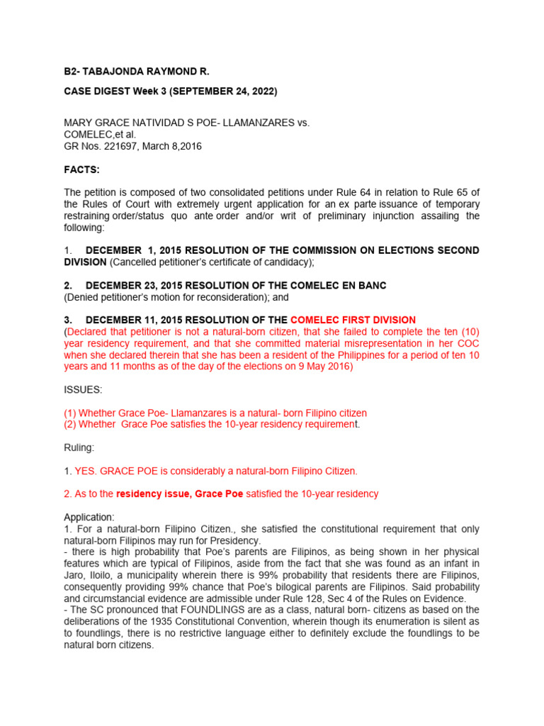 Grace Poe V Comelec | Download Free PDF | Citizenship | Constitutional Law