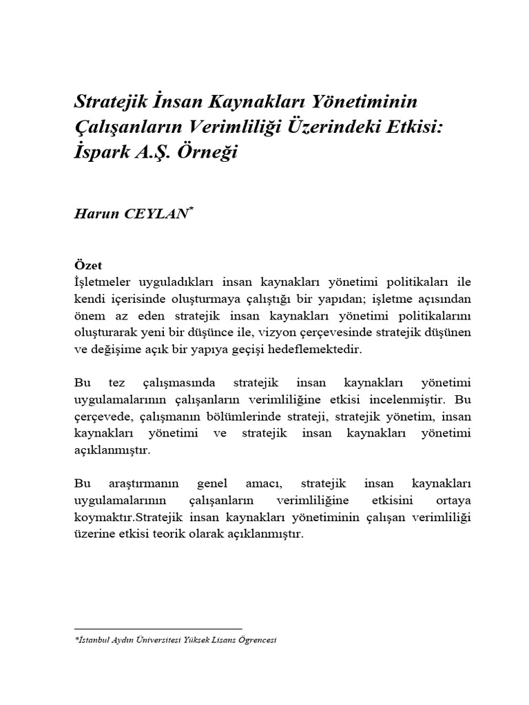 Stratejik - Nsan Kaynaklar - Y - Netiminin - Al - Anlar - N Verimlili - I - Zerindeki Etkisi ...