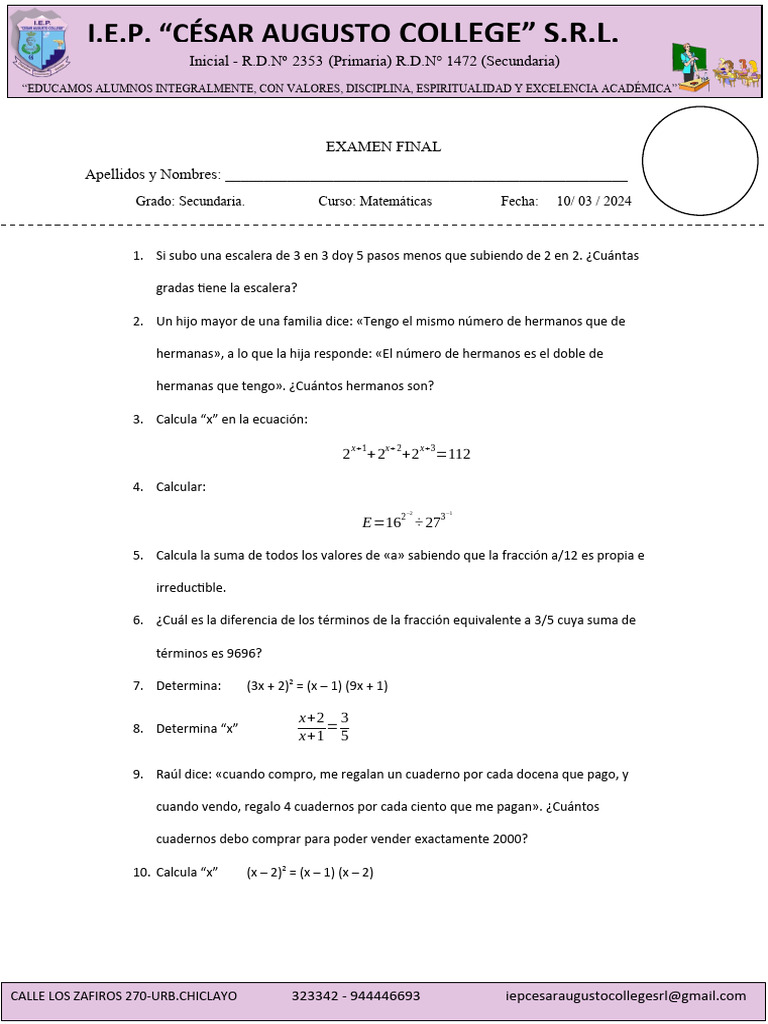 Exámenes Finales de Matemáticas Secundaria | PDF | Matemática Elemental ...