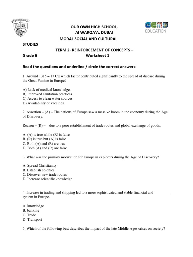 MSCS REVISION WORKSHEET 1 Term 2. | PDF