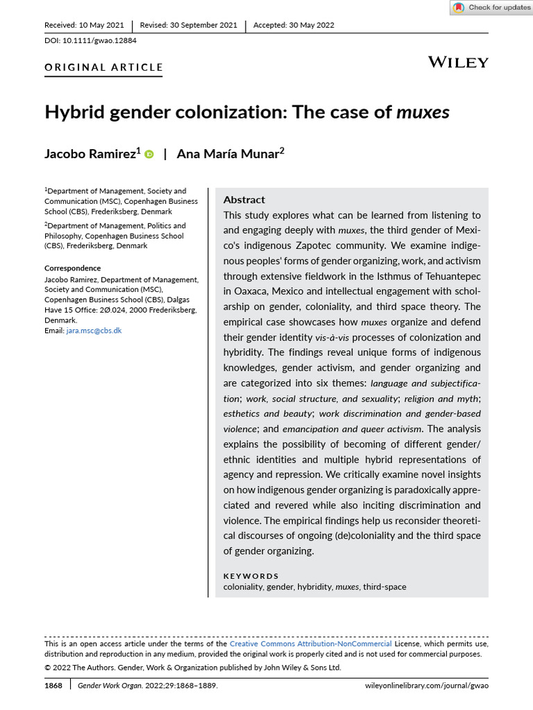 Gender Work Organization - 2022 - Ramirez - Hybrid Gender Colonization The Case of Muxes | PDF ...