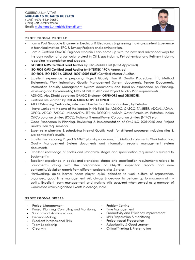 Mujahid Corporate QAQC Engineer CV | PDF | Quality Assurance | Iso 9000