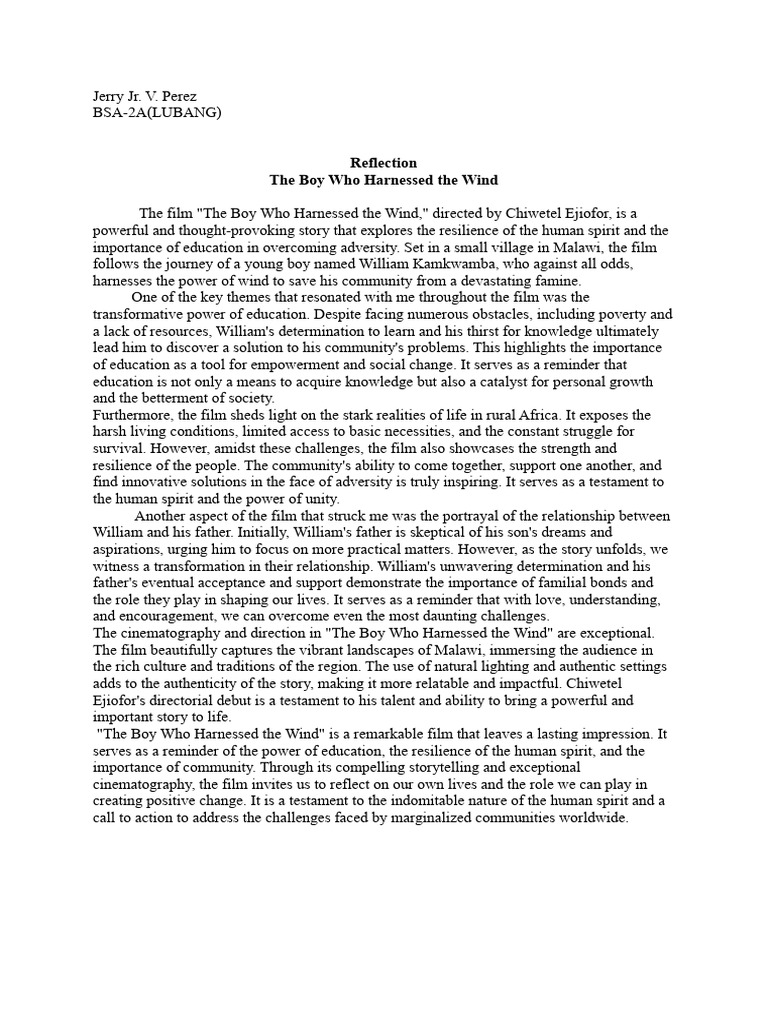 Reflection (The Boy Who Harnessed The Wind) | PDF | Psychological ...