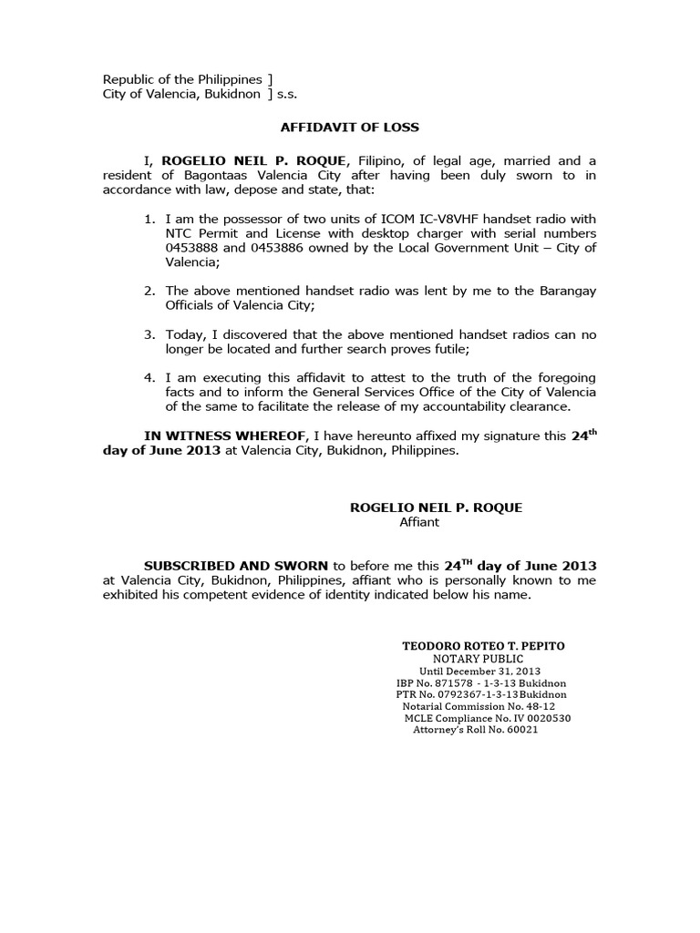 Affidavit of Loss - Handset Radio With NTC Permit and License With ...