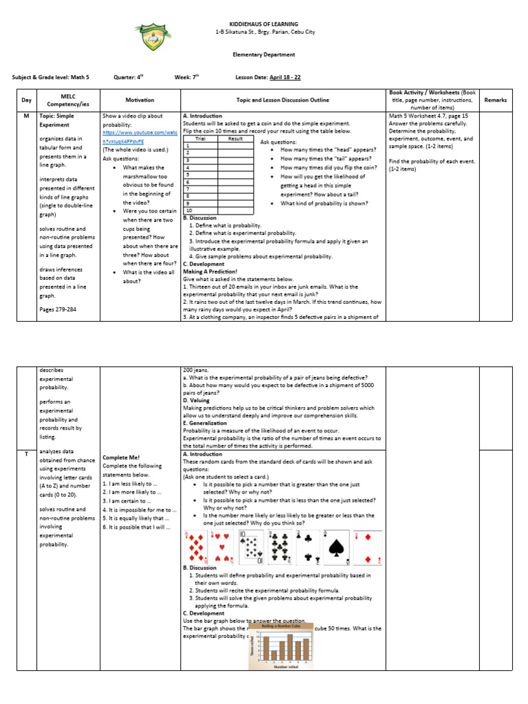 Math 5 Experimental Probability Lesson | PDF | Probability | Numbers