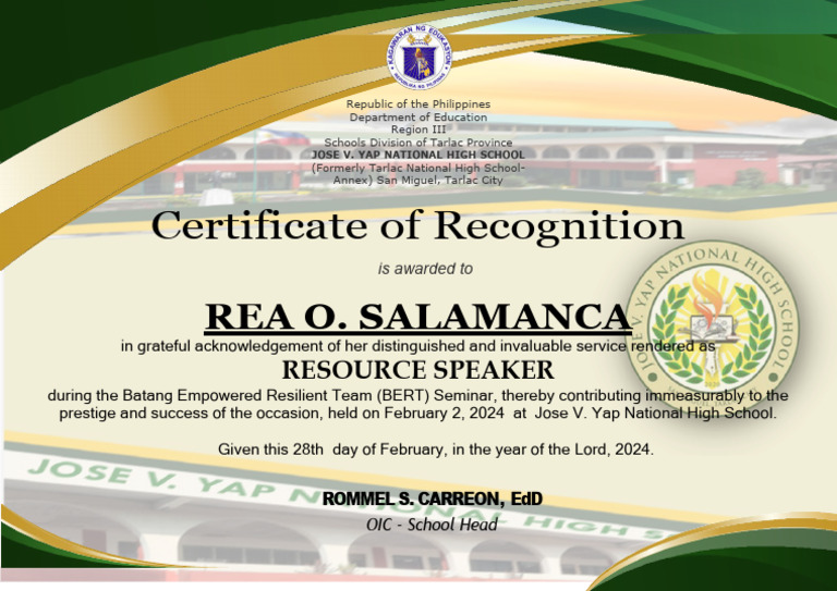 Certificate of Recognition for Resource Speaker | PDF