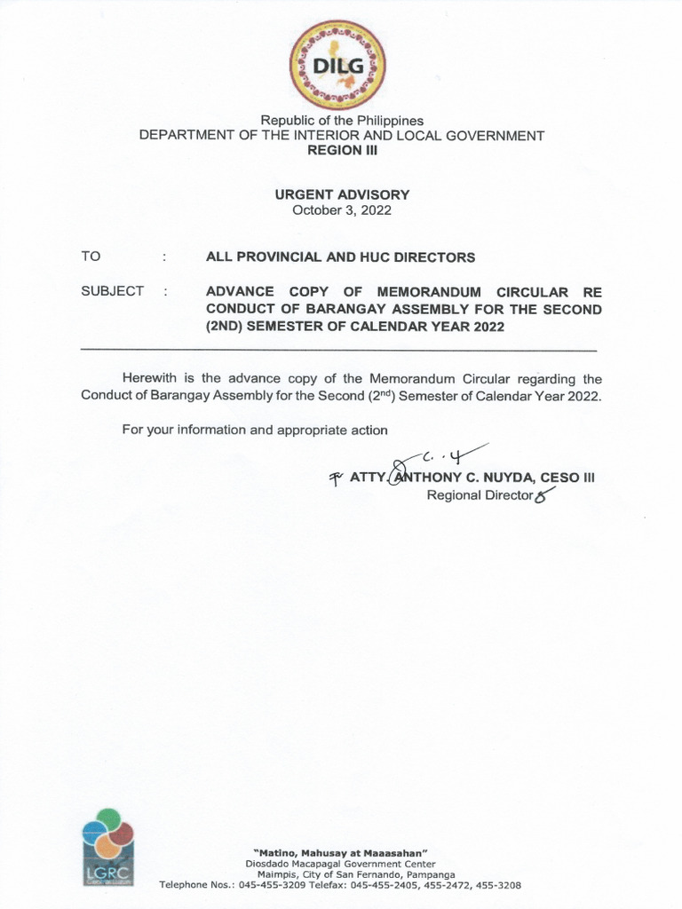 Urgent Advisory Re Barangay Assembly | PDF