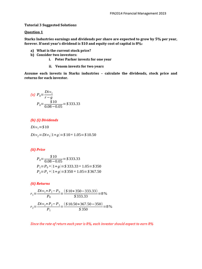 FIN2014 Tutorial 3 - v2023 Solutions | PDF