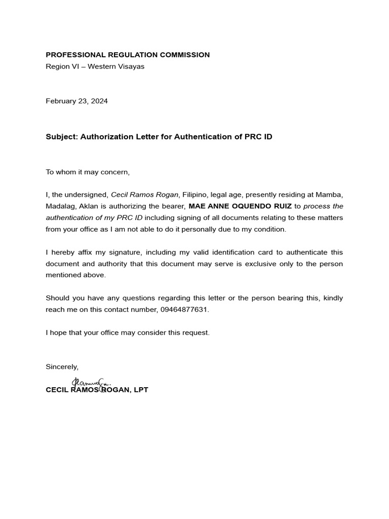 PRC ID Authentication Authorization Letter | PDF