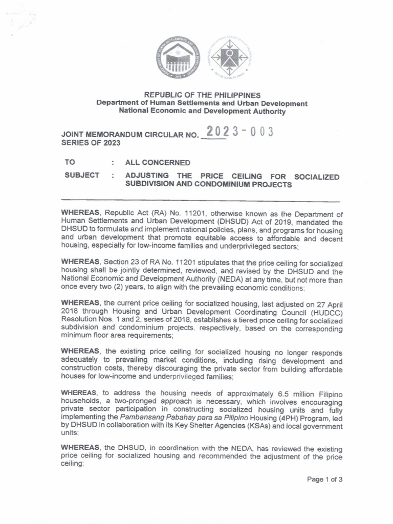 Joint Memo Circular No. 2023-003 (DHSUD and NEDA Price Ceiling) | PDF