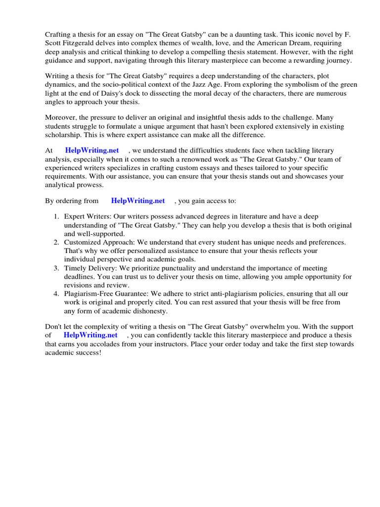 The Great Gatsby Essay Thesis | PDF