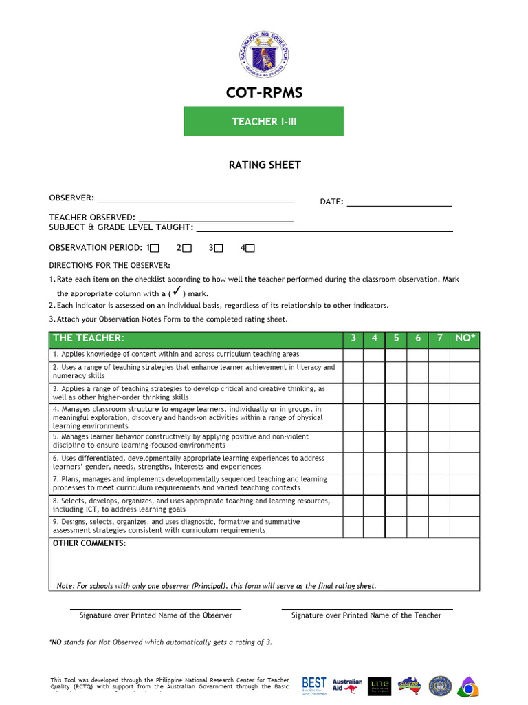 Cot Rpms Teacher I III Rating Sheet | PDF | Teachers | Learning