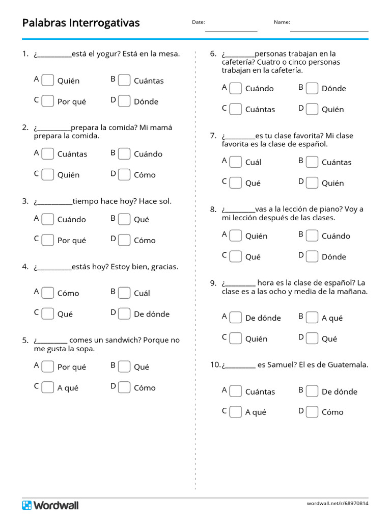 Palabras Interrogativas Quiz - en Español | PDF
