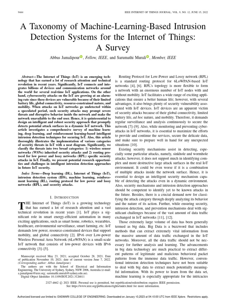 A Taxonomy of Machine-Learning-Based Intrusion Detection Systems For The Internet of Things A ...
