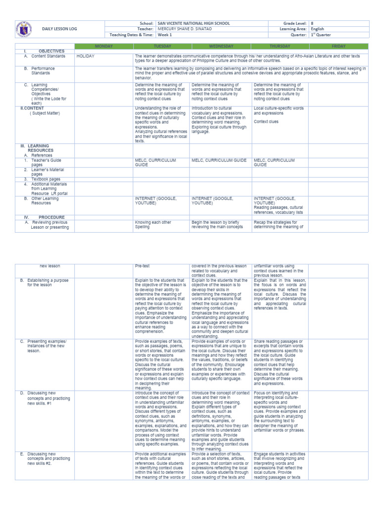 Eng8 Wk1 | PDF | Reading Comprehension | Vocabulary