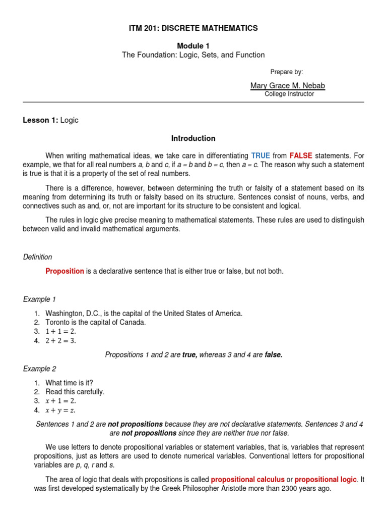 Intro To Logic Module Pdf Logic Proposition