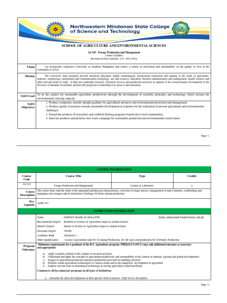 Forage Production and Management Syllabus | PDF