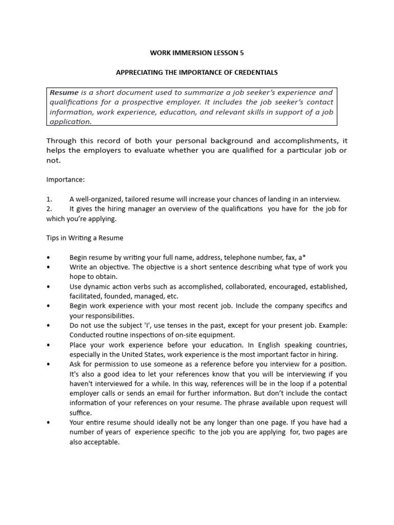 Work Immersion Lesson 5 | PDF | Résumé | Job Interview