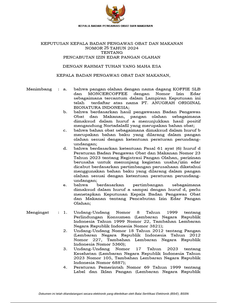 Pencabutan Izin Edar - PT Anugrah Original Bionatura Indonesia - Moncer Dan SLB | PDF