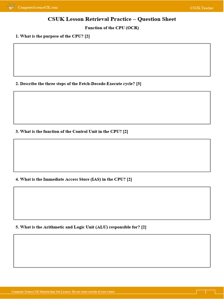 1 1 1a Gcse Lesson Retrieval Practice Assessments Function Of The Cpu Ocr Pdf