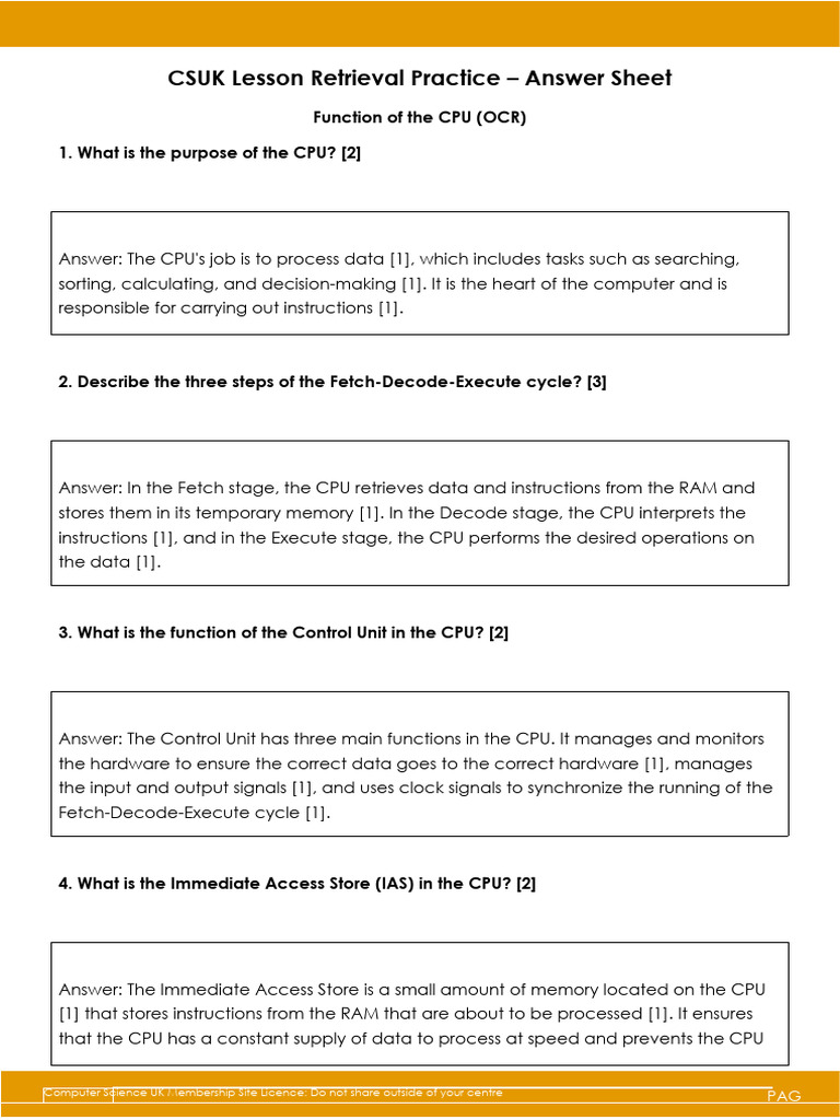 1.1.1a GCSE Lesson Retrieval Practice (Assessments) Answers - Function of The CPU (OCR) | PDF